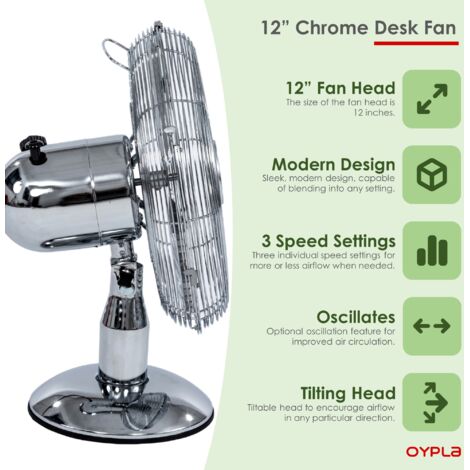 Oypla Electrical 12" Inch Chrome Metal 3 Speed Desk Fan Oscillating