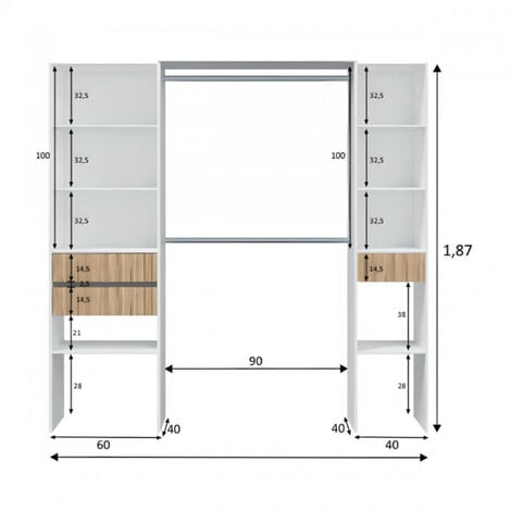 Armoire, dressing avec 3 tiroirs coloris blanc artic, naturel ...