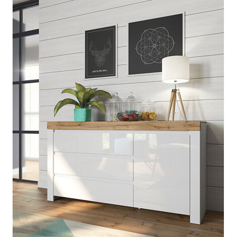 Buffet avec 1 porte et 3 tiroirs, coloris Blanc/Chêne wotan - Longueur ...