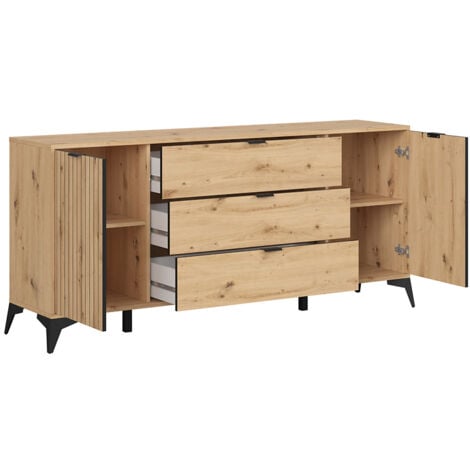 Commode Buffet à 2 portes et 3 tiroirs,coloris Chêne artisan - Longueur ...