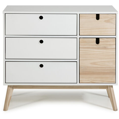 Commode, meuble de rangement en pin et MDF coloris blanc, naturel - Longueur 90 x Profondeur 40 ...