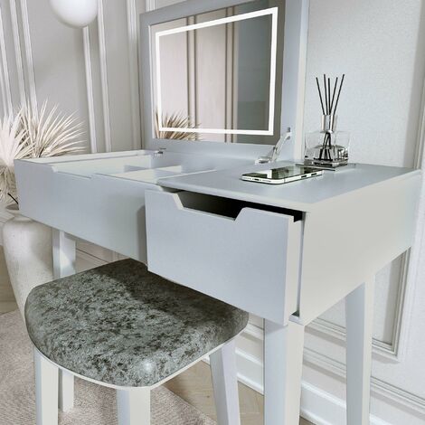 Selena Grey Dressing Table with Flip Top LED Light Mirror Side Drawer Stool Set Vanity Dresser Bedroom Furniture Makeup Jewellery Storage Selena Grey