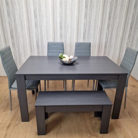 Dining Table and 4 Chairs With Bench Black Dark Grey 4 Grey Leather ...