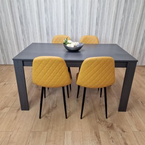 Dining Table and 4 Chairs Black Dark Grey 4 Mustard Velvet Chairs Wood ...