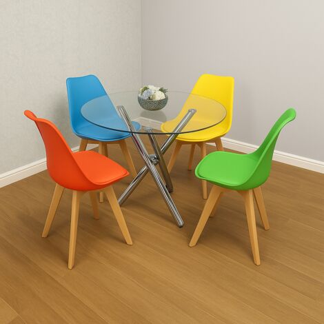 Round Clear Glass Dining Table with 4 Mixed Plastic Chairs, Modern ...