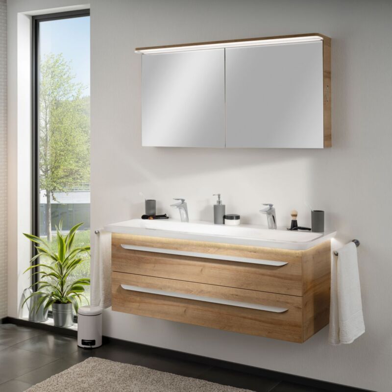 Lanzet M9 Badmöbel Set 4-teilig, 130cm breit, Hellbraun, mit LED + LED ...