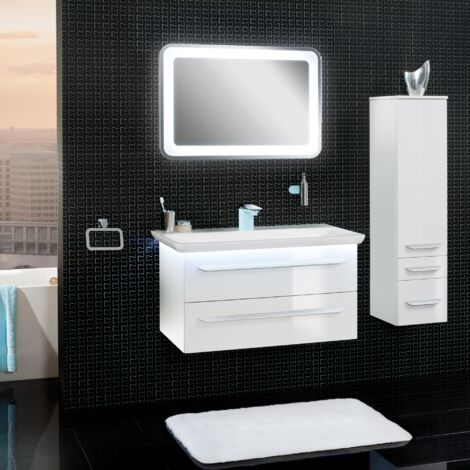 Lanzet M9 Badmöbel Set 4-teilig, 100cm breit, Weiß, mit LED u ...