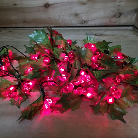 Indoor Outdoor 100 Christmas LED Red Berry And Holly Lights Green Cable