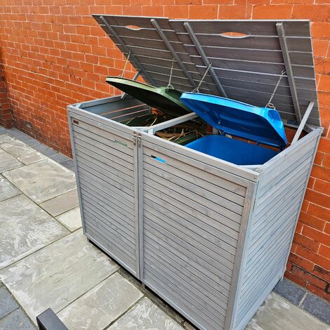 1.35m x 1.14m Large Grey Wooden Outdoor Garden Double Wheelie Bin Store ...