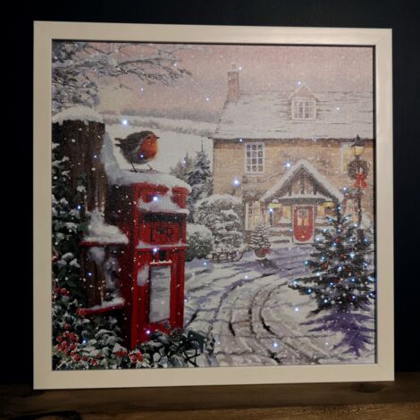 Battery Operated 40 x 40cm Light up Snowy Christmas Robin Scene Picture ...