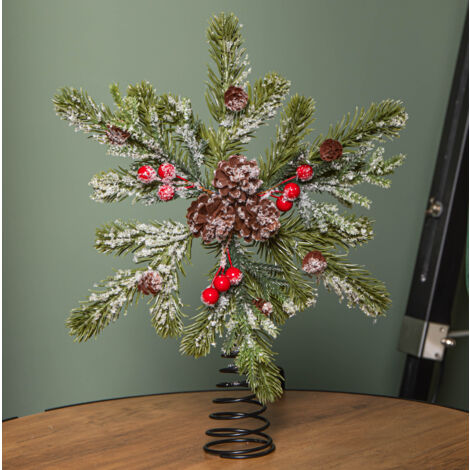 33cm Christmas Tree Topper with Pinecones, Red Berries and Frosted ...