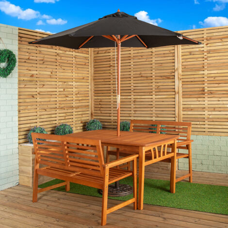 Outdoor 4 Person Rectangular Wooden Garden Table, 2 Benches with Black ...