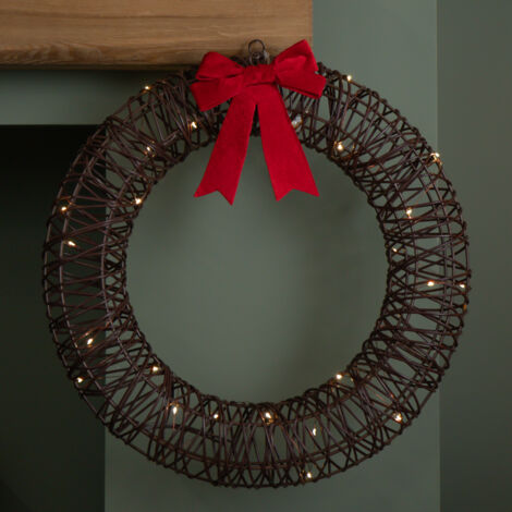 50cm Battery Operated Light up Christmas Wreath with Red Bow & 40 Warm ...