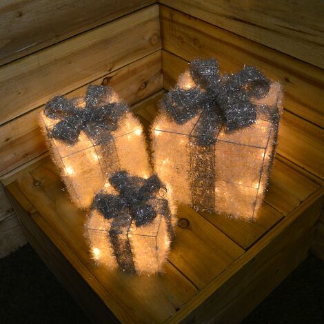 3 Piece Warm White LEDs Battery Operated Silver Christmas Gift Boxes ...