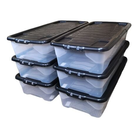 6 x 42L Clear Under Bed Storage Box with Black Lid, Stackable and ...