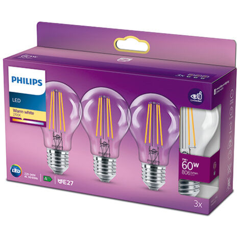 Pack 3 Bombilla LED Philips E27 A60 7W 806Lm 2700K [PH-8718699763930]