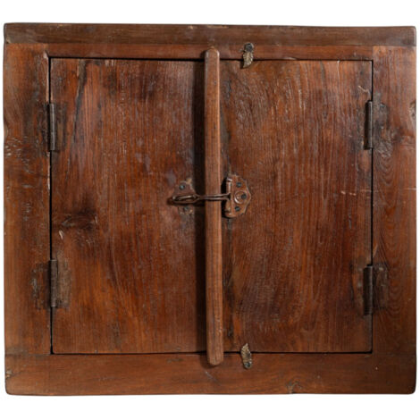 Solid wood and old medieval iron window grille with interior or ...