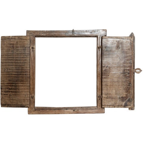 Solid wood and old medieval iron window grille with interior or ...