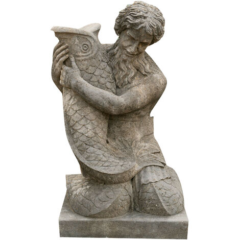 Old stone statue of a man with a fish