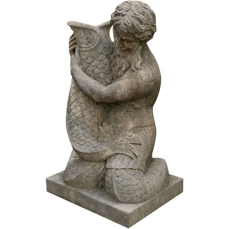 Old stone statue of a man with a fish
