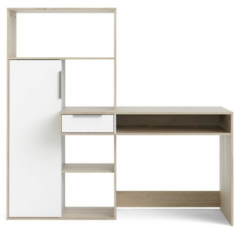 Remote Desk Multi-Functional Desk With Drawer And 1 Door In White And Oak