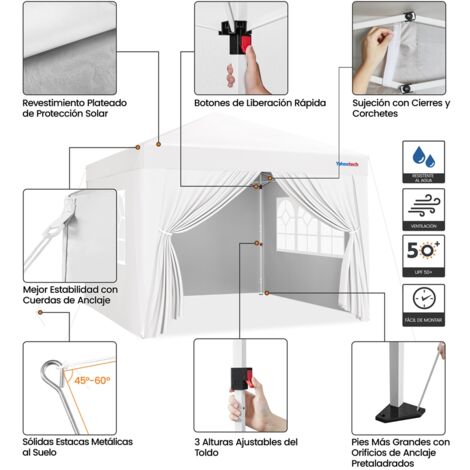 3 × 3 m Carpa Pop-Up Ajustable Cenador de Jardín Resistente al Agua con ...
