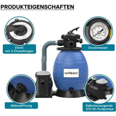 Wiltec Filtro a sabbia per piscina, 370 W, serbatoio filtrante 26 l, pompa piscina autoadescante ...