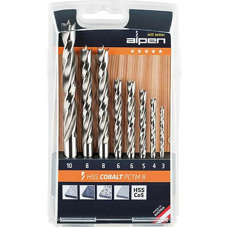 Kit foret bois ALPEN HSS Cobalt, 8 pcs dans boite en plastique