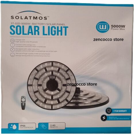 LAMPIONE SOLARE LED UFO 5000W FARO LUCE SENSORE CREPUSCOLARE E MOVIMENTO IP66 LM