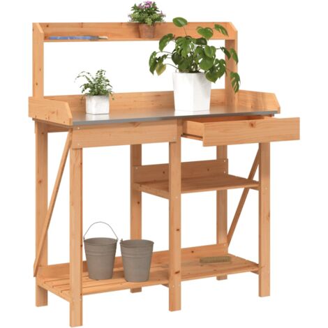 Panca Porta Vasi con Ripiani Marrone in Legno Massello di Abete