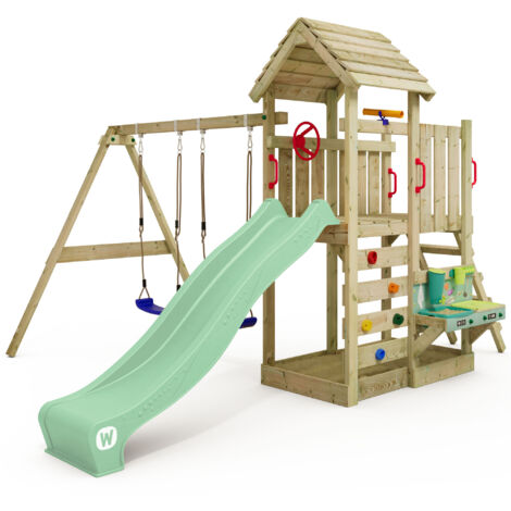 Wickey MultiFlyer wooden play tower with wooden roof and mud kitchen ...
