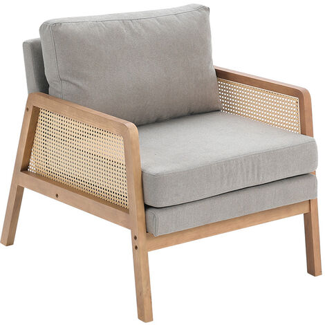 Light Grey Fabric Cushioned Wood Armchair
