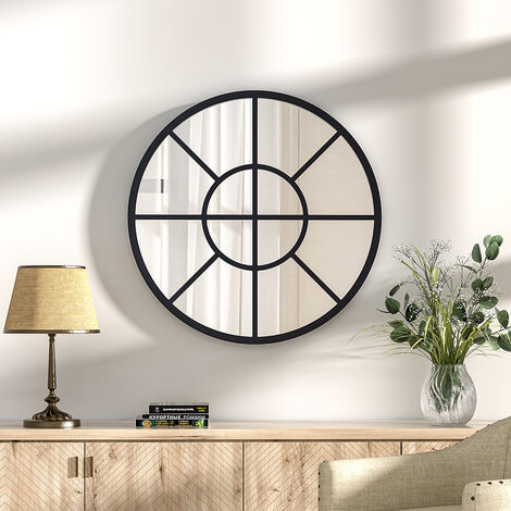 Black 50cm Round Metal Windowpane Wall Mirror
