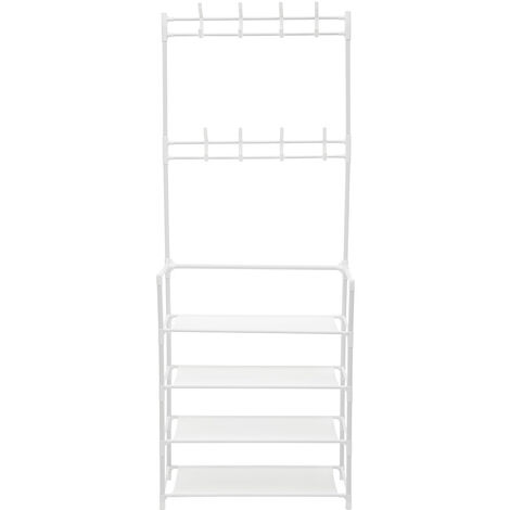 White Entryway 4 Tier Shoe Rack with Coat Hanger
