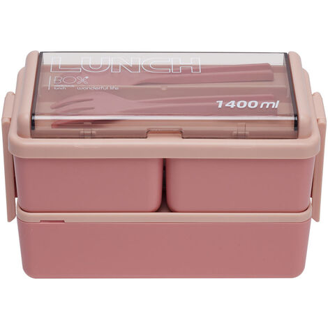 Dual-Layer Plastic Bento Lunch Box with Cutlery