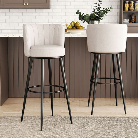 2 Pcs White Premium Linen Upholstered Bar Stools for Pub Dining Room