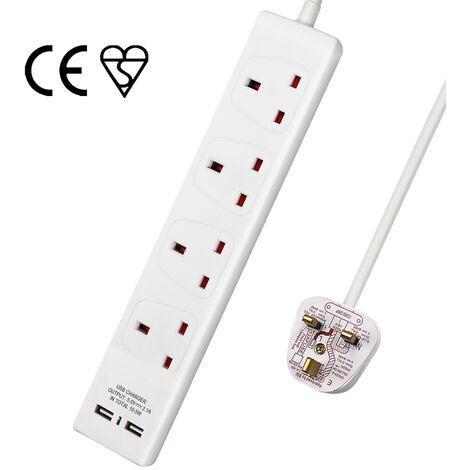 4 Way Socket with Cable 3G1.25, 1M, White, with 2 USB Charger, Child ...