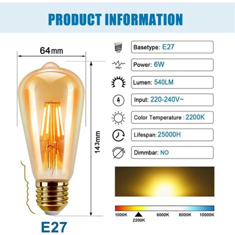6W Filament Light Bulb E27, 2200K