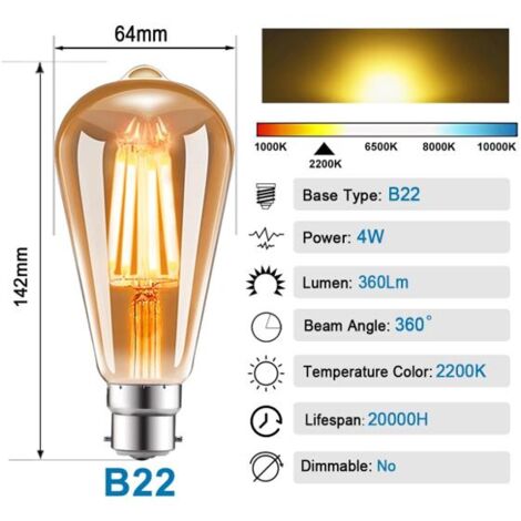 6W LED Filament Light Bulb B22, 2200K