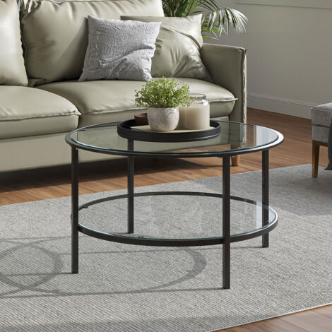 80cm W 2 Tier Round Glass Coffee Table Side Table Gold Frame