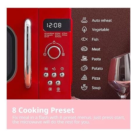 Red 800W 20L Retro Microwave Oven with LED Display