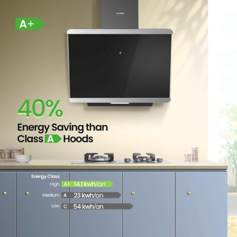 60cm Angled Cooker Hood Class A+ ANGJ64B-60-PRO Tempered Glass ...