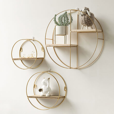 Gold Metal Round Wall Shelf Display Storage Rack, 20x10CM