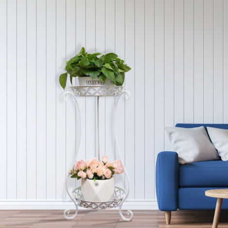 2 Tier Metal Iron Flower Plant Pot Display Stand, White