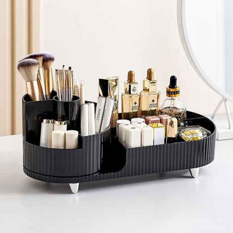 Black Makeup Organizer with Rotating Brushes Holder