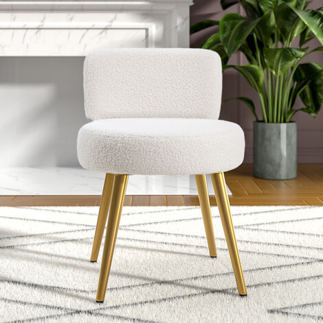 Cream Faux Fur Vanity Stool Chair with Metal Legs
