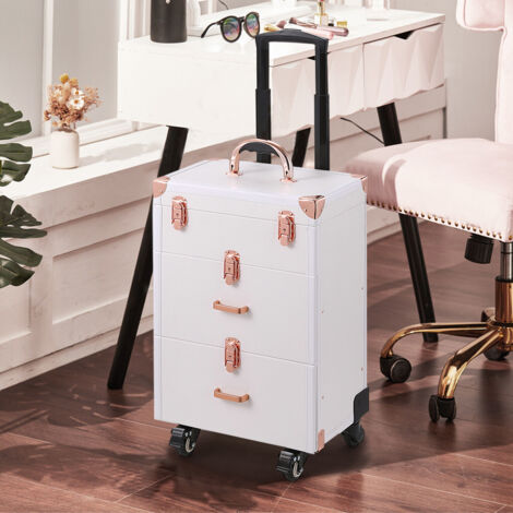 3in1 Cosmetic Trolley Case Beauty case Rolling Makeup Case on Wheels White