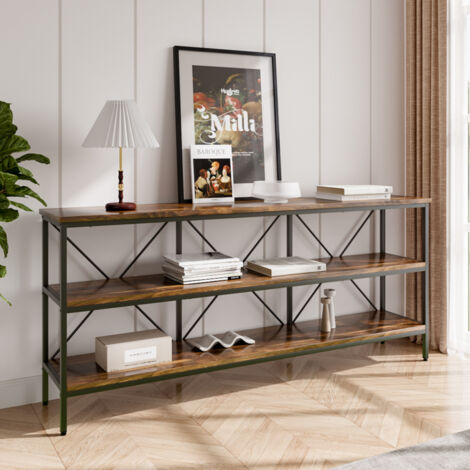 Brown Open Console Table with 3 Rattan Drawer