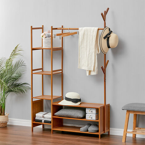 Freestanding Bamboo Clothes Rack with Storage Shelves,139CM
