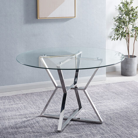 Silver Modern Round Dining Table with Glass Top